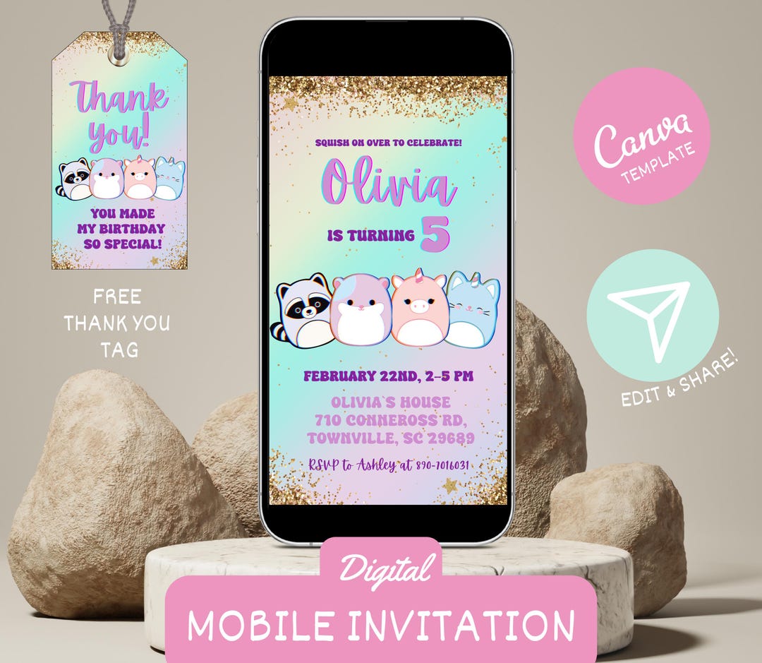 Squishmallow Editable Mobile Invitation, Printable Squish Birthday ...