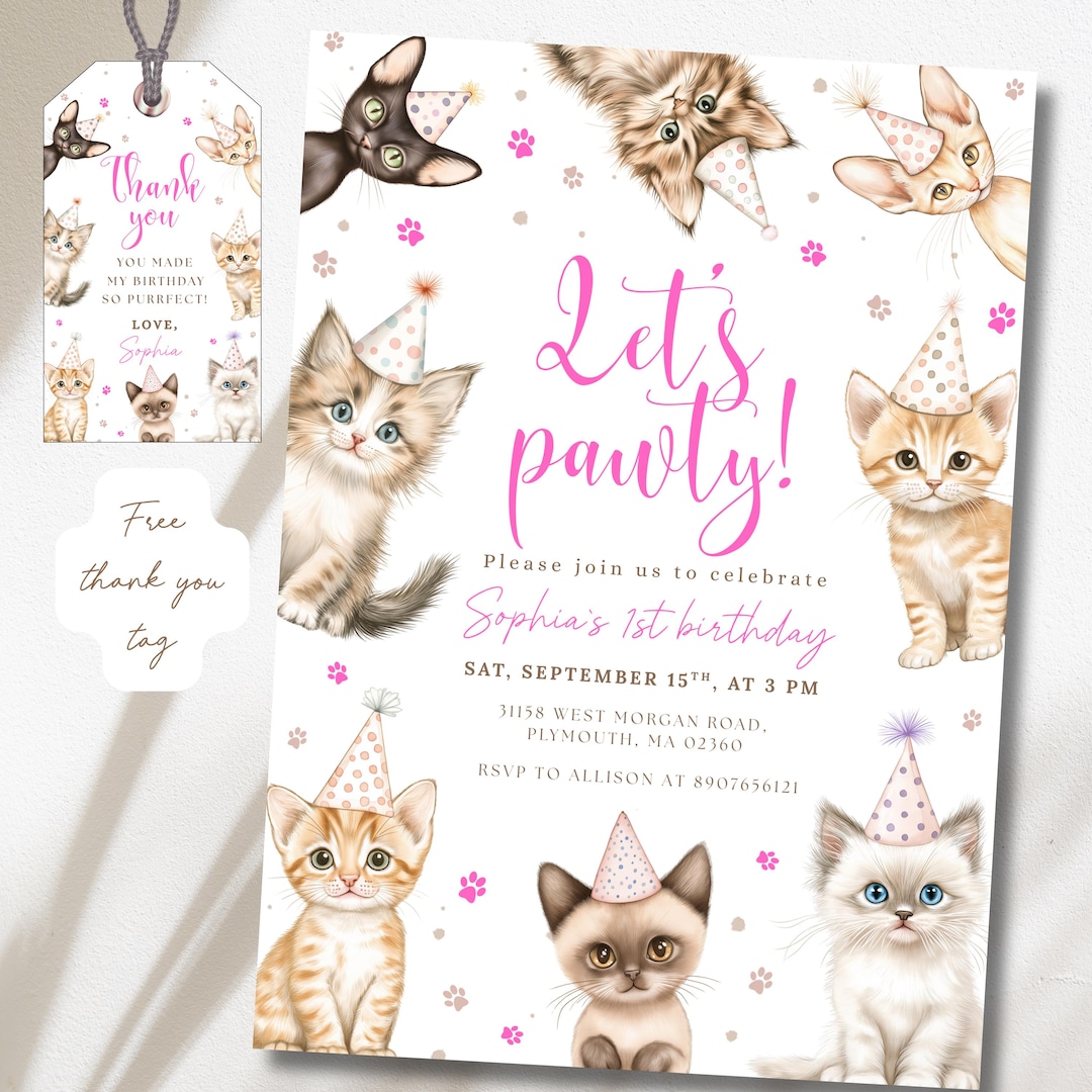 Editable Kitty Cat Birthday Invitation, Watercolor Meow Kitten Invite ...