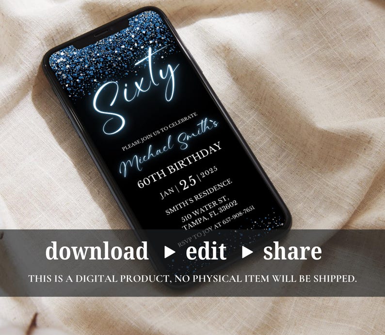 60th Birthday Mobile Invite, Sixties, Neon Blue Invite, Text Message ...