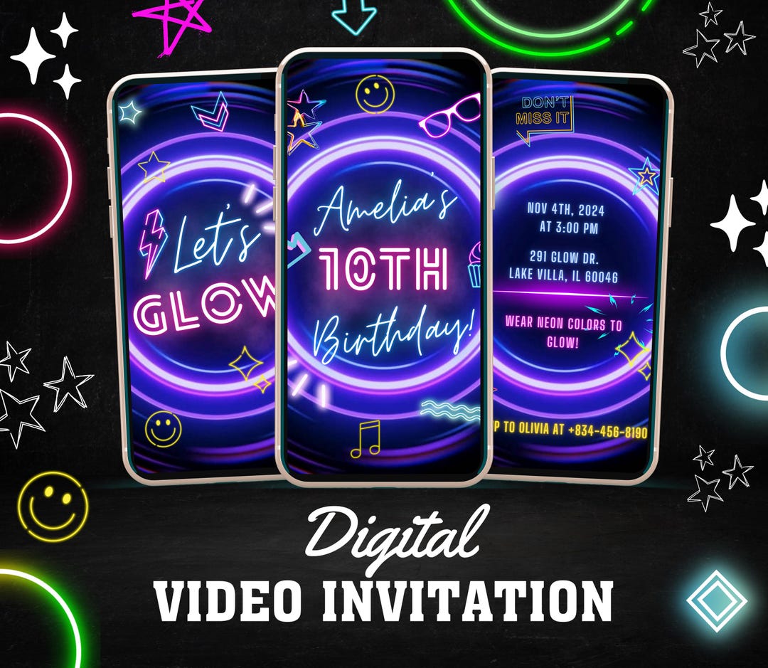 Glow Party Birthday Video Invitation, Teen Neon Light Invite, Neon Glow ...