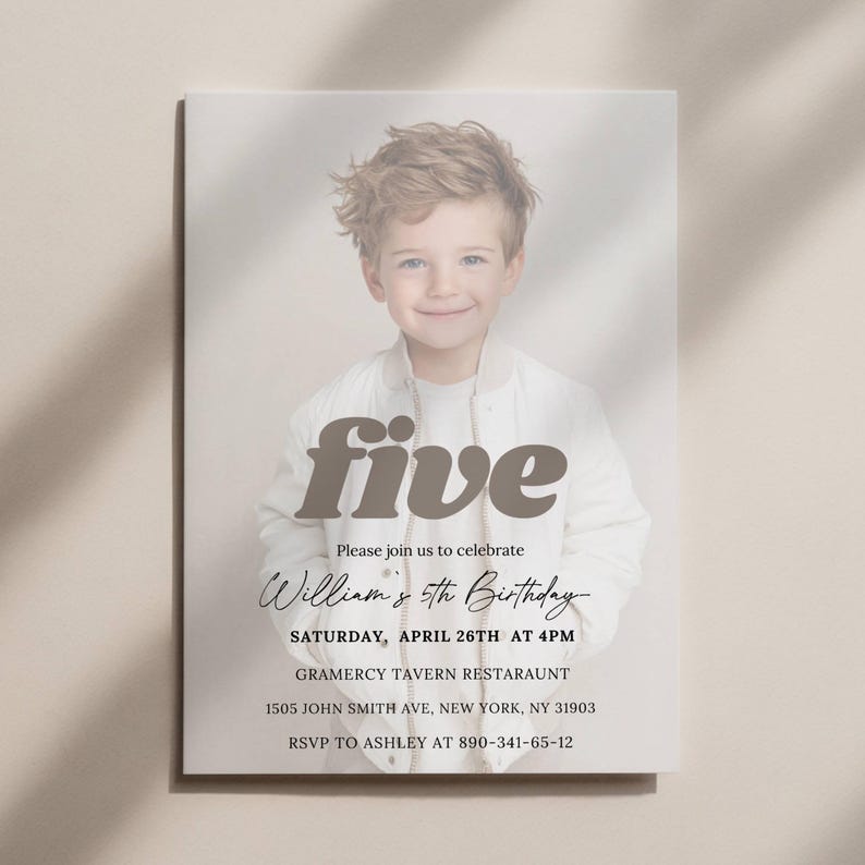Editable 5th Birthday Photo Invitation, Minimalist Fifth Invite, Modern ...