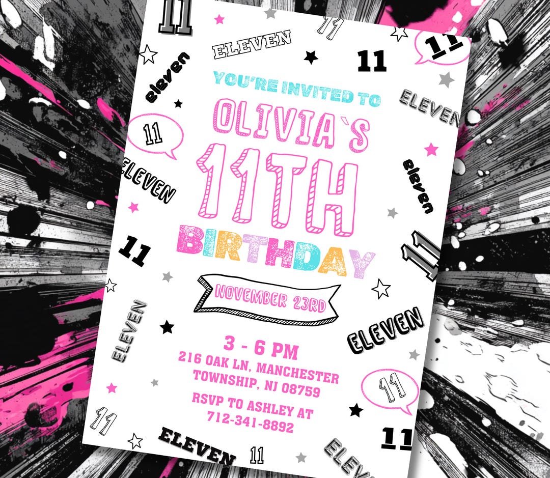 Editable 11th Pink Girl Birthday Invitation, Eleven Colorful Numbers ...