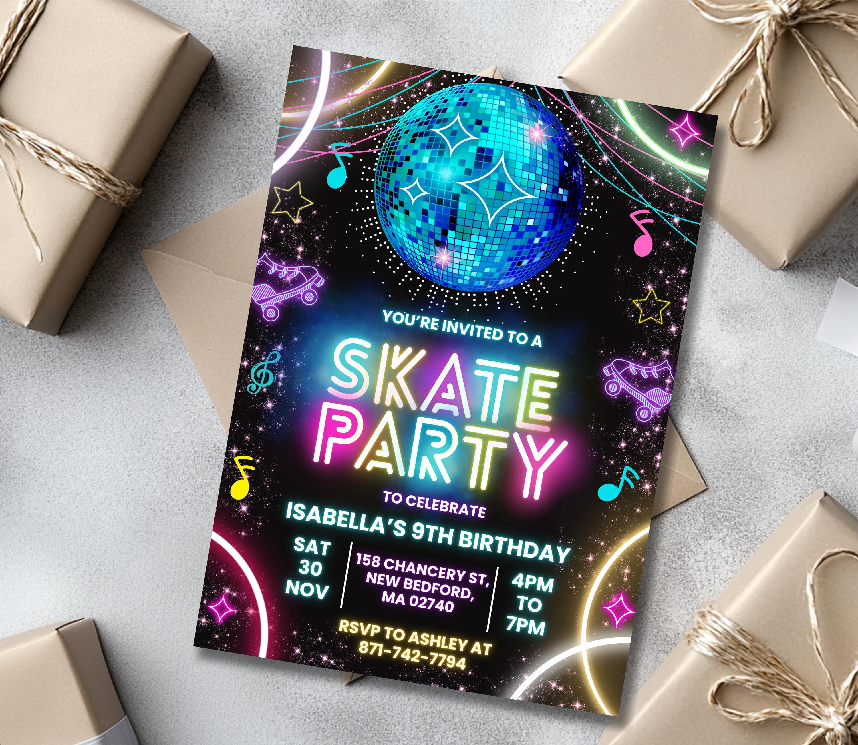 Editable Roller Skating Birthday Invitation, Neon Roller Skate Party ...