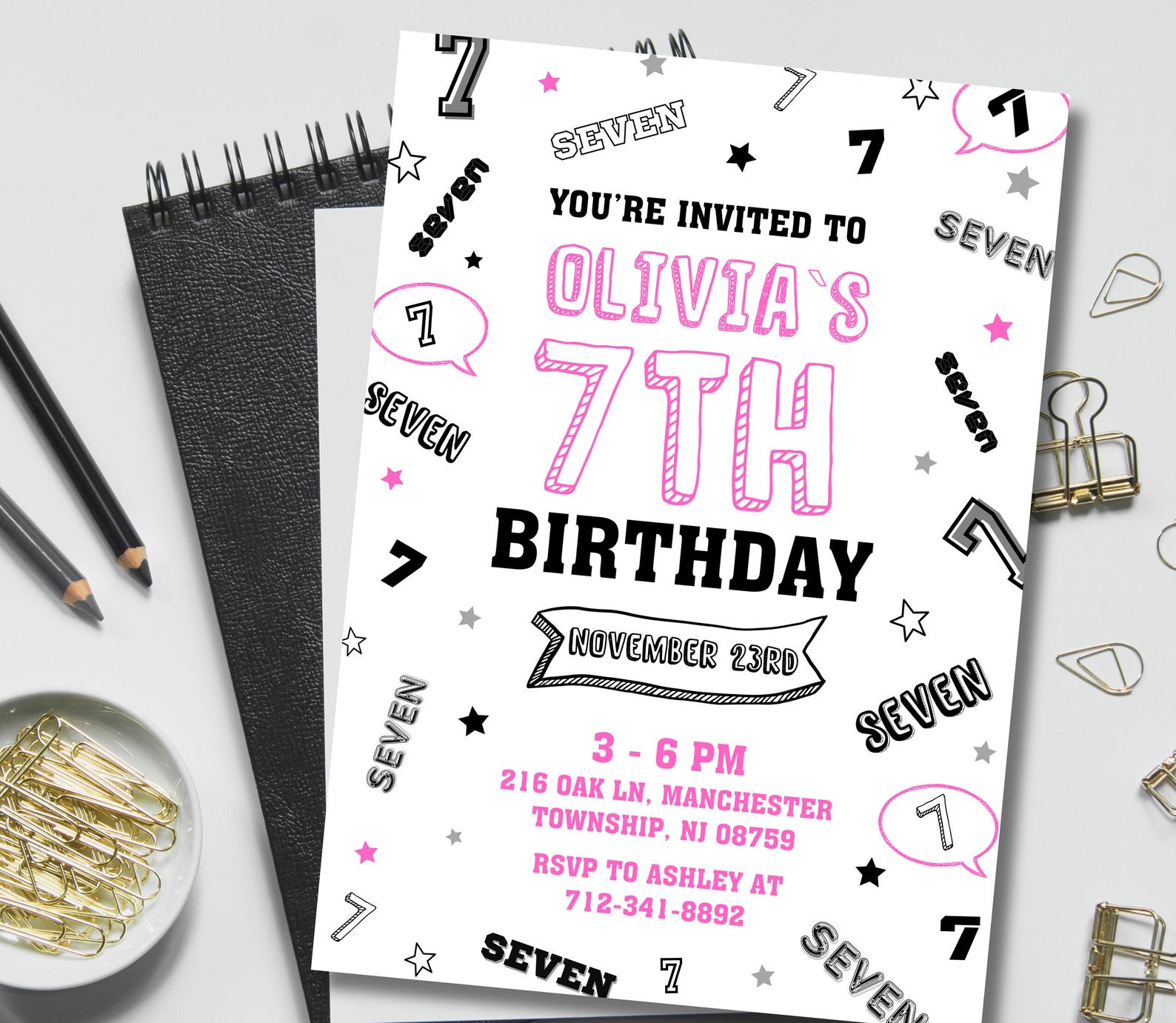 Editable 7th Pink Girl Birthday Invitation, Seven Colorful Numbers ...
