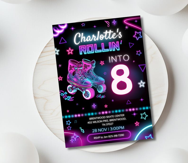 Editable Roller Skating Invitation, Roller Skate Party Invite, Glow ...