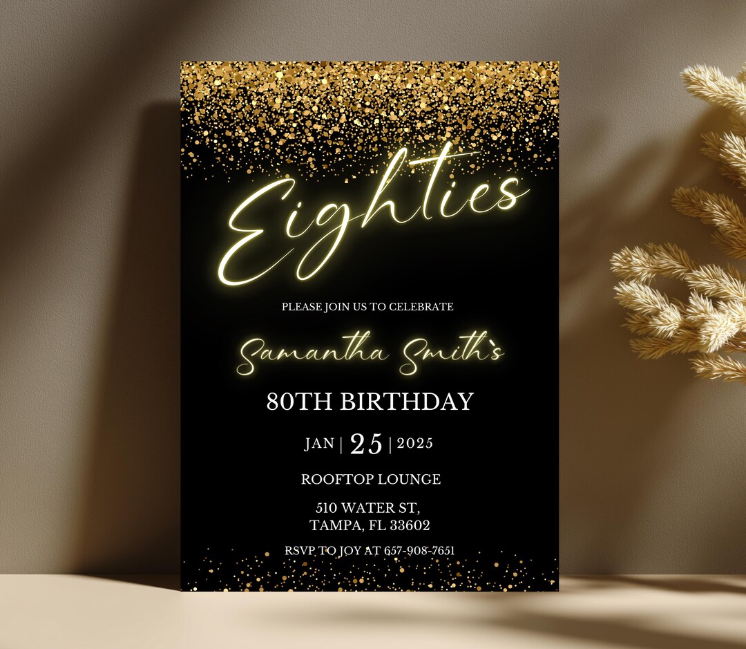 Neon Gold Minimalist 80th Birthday Invitation, Eighties Women Golden ...