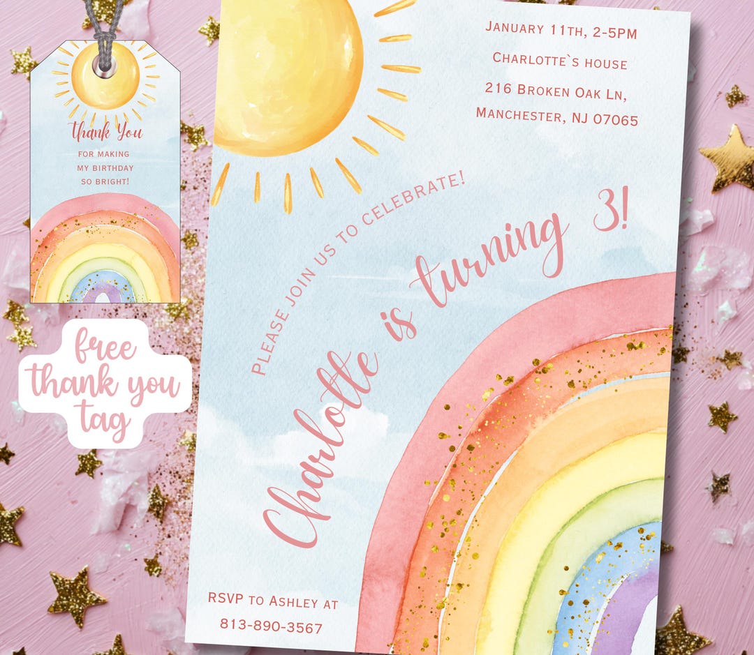 Rainbow Birthday Invitation, Girl Watercolor Invite, Pastel Magic ...