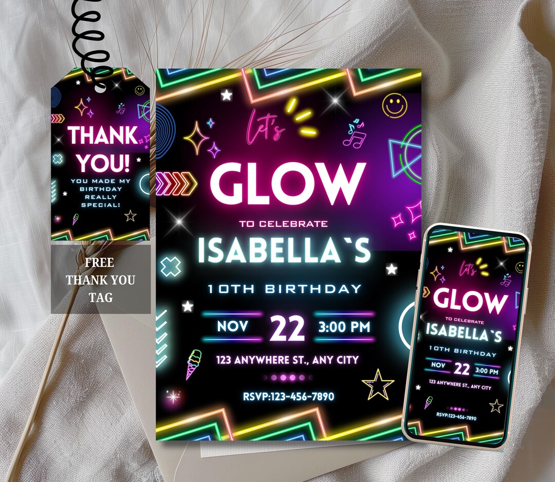 Lets Glow Crazy Invitation, Invite for Kids, Neon Invite, Neon Glow ...