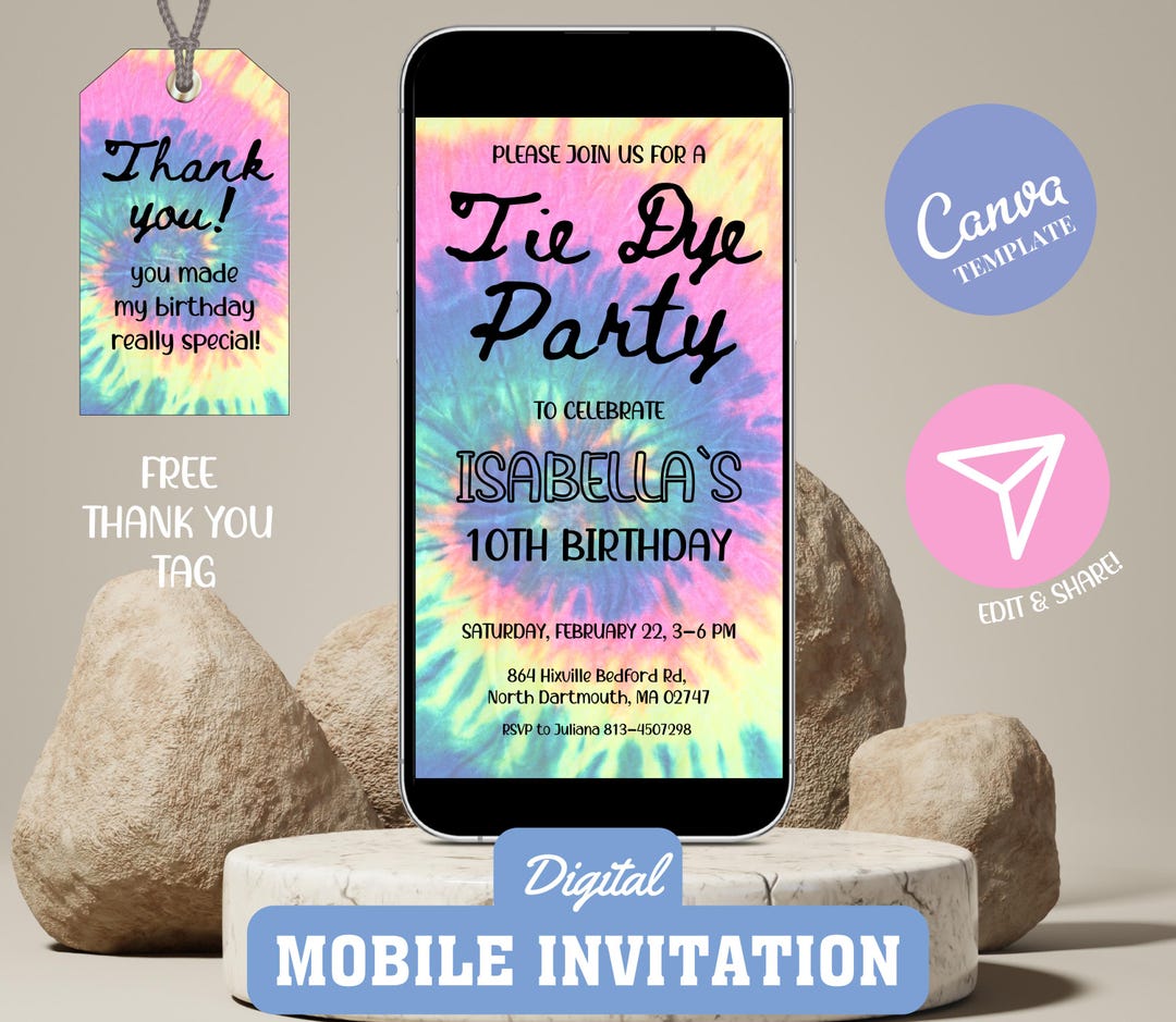 Editable Tie Dye Birthday Invitation, Mobile Arts Crafts Party Invite ...