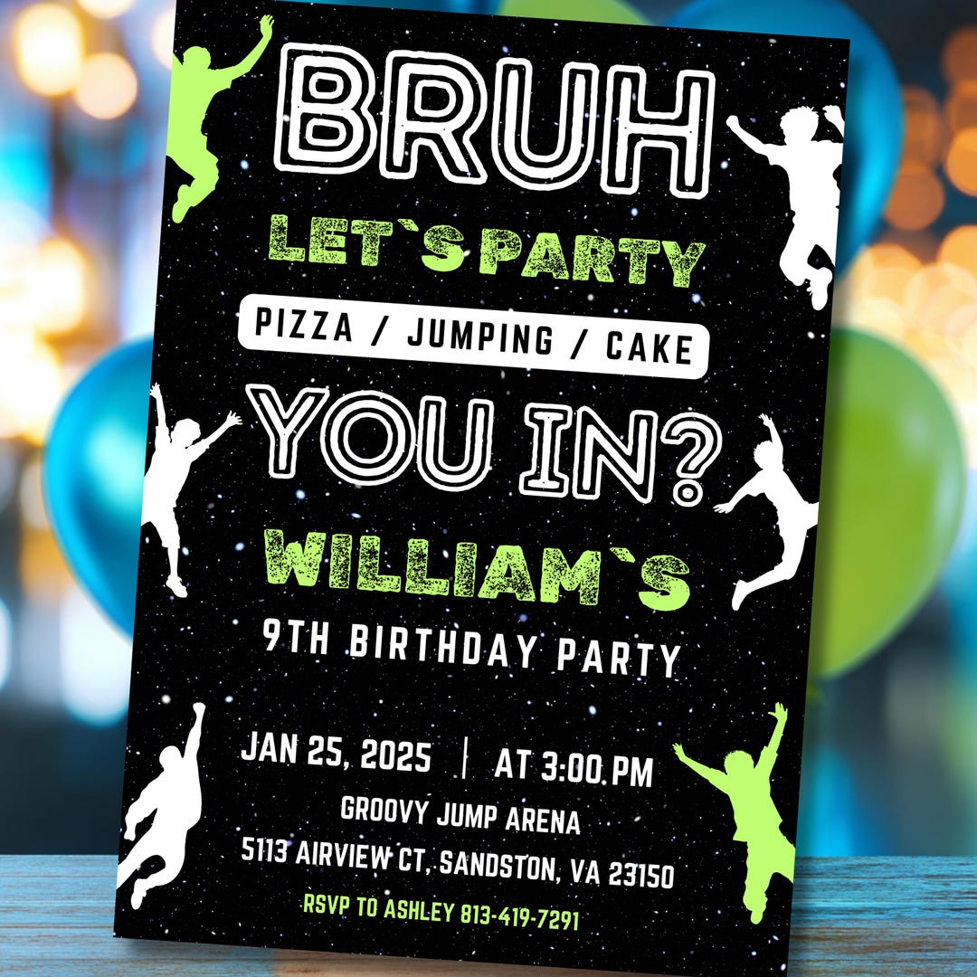 Trampoline Birthday Invitation, Neon Bruh Jump Party, Jumping Park ...