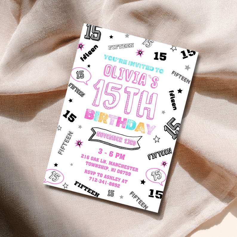 Editable 15th Colorful Teen Girl Birthday Invitation, Fifteen Pink ...