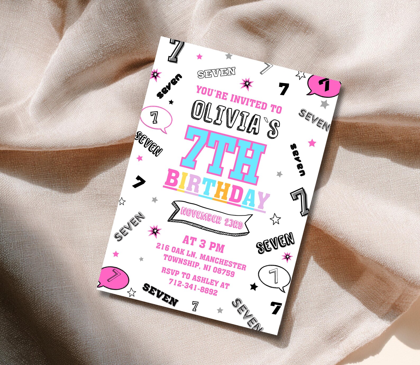 Editable 7th Pink Girl Birthday Invitation, Seven Colorful Numbers ...