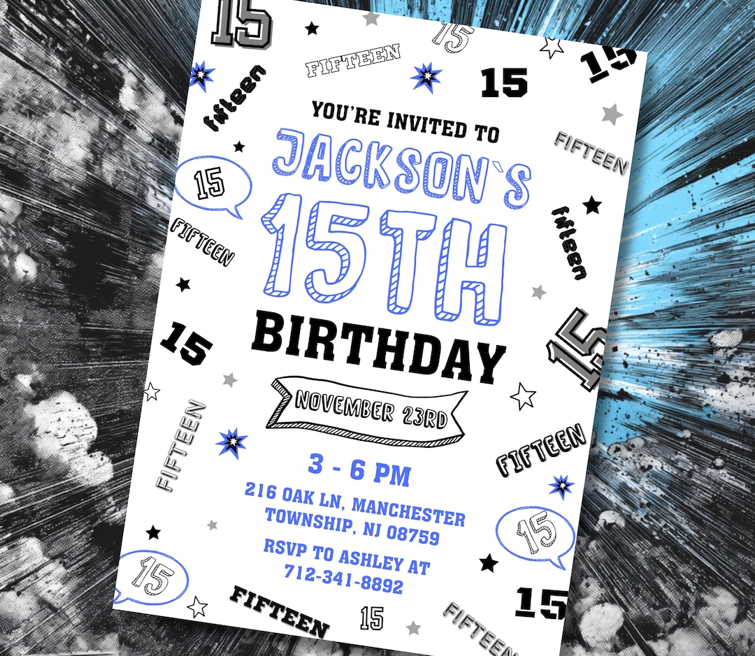 Editable 15th Blue Birthday Invitation, Fifteen Colorful Numbers Teen ...