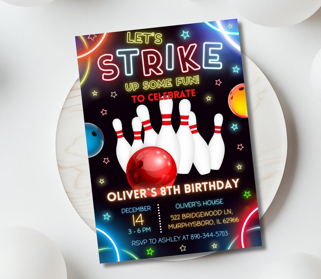 Editable Bowling Invitation, Neon Bowling Birthday, Bowling Party, Boy ...