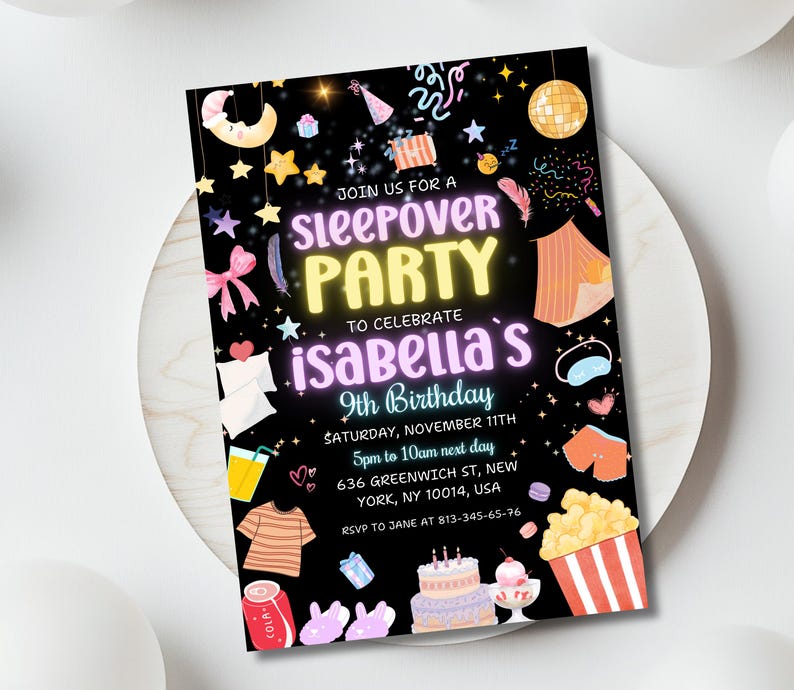 Editable Sleepover Invitation, Slumber Tween Night Invite, Pajama PJ ...