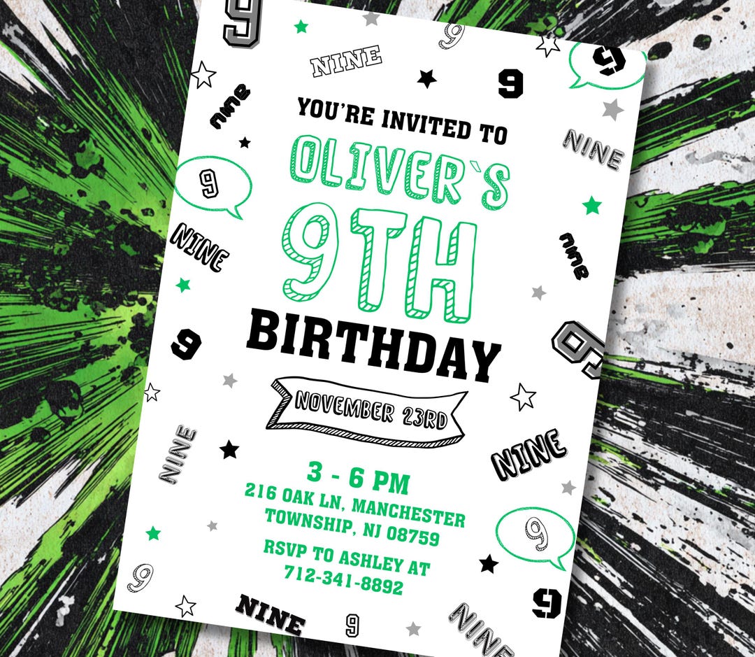 Editable 9th Green Birthday Invitation, Nine Colorful Numbers Invite ...