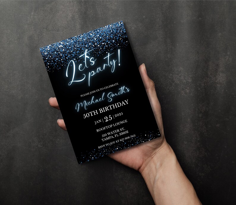 Neon Blue Birthday Invitation, Editable Adult Men Invite, Blue Party ...