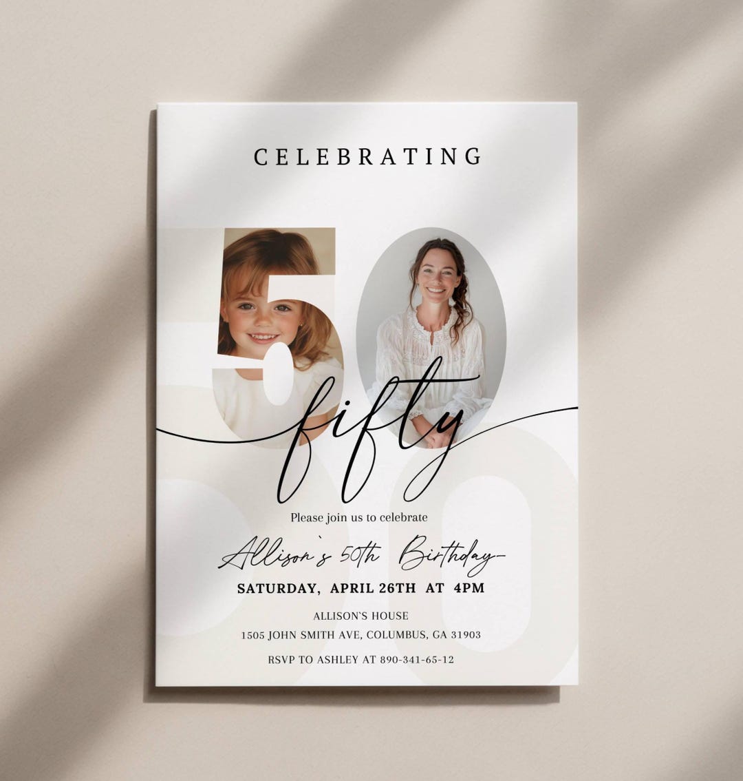 Minimalist Editable 50 Birthday Photo Invitation, Fifty Invite, 50 ...