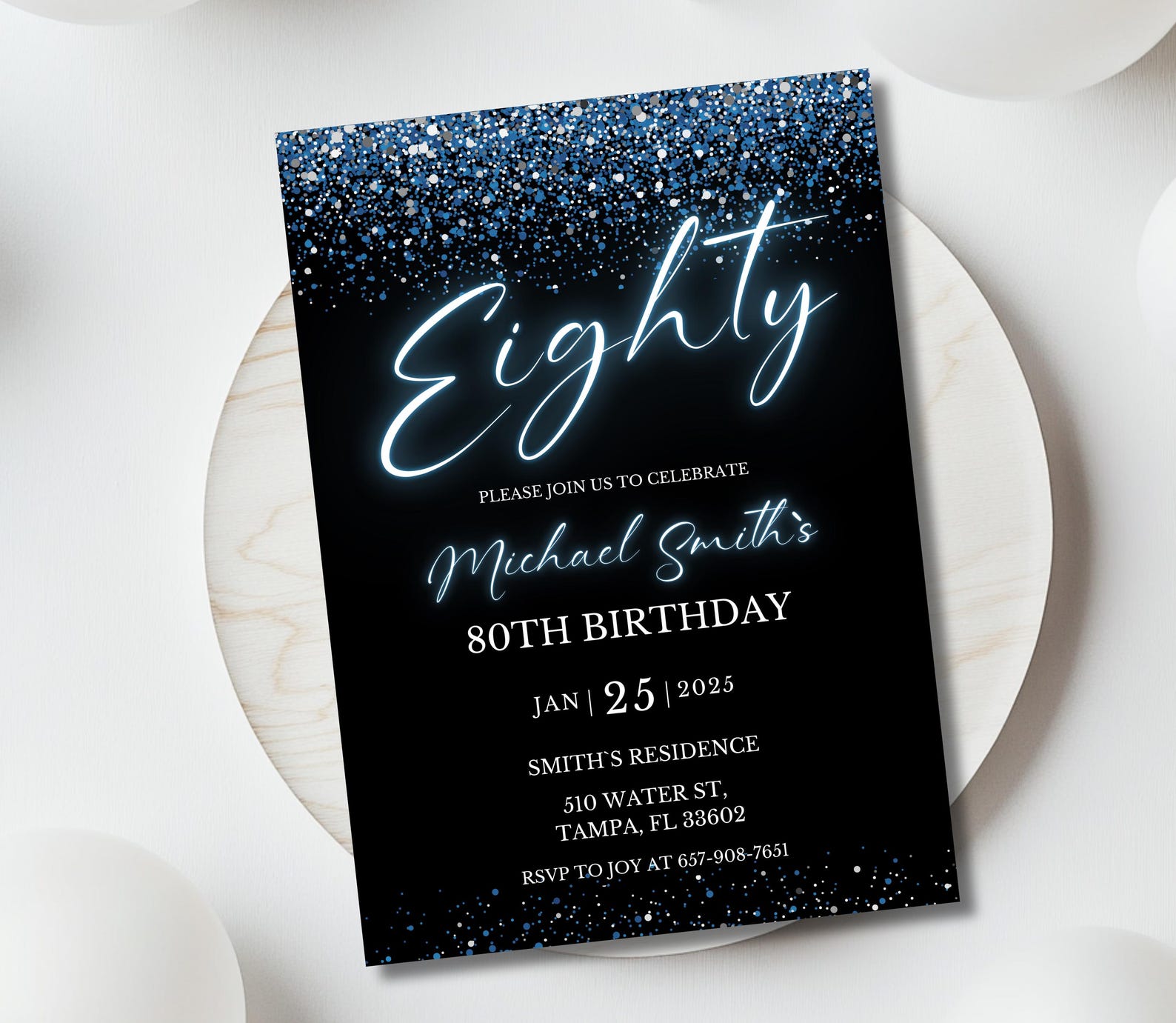 Editable 80th Adult Birthday Invitation, Eighty Neon Blue Men Party ...