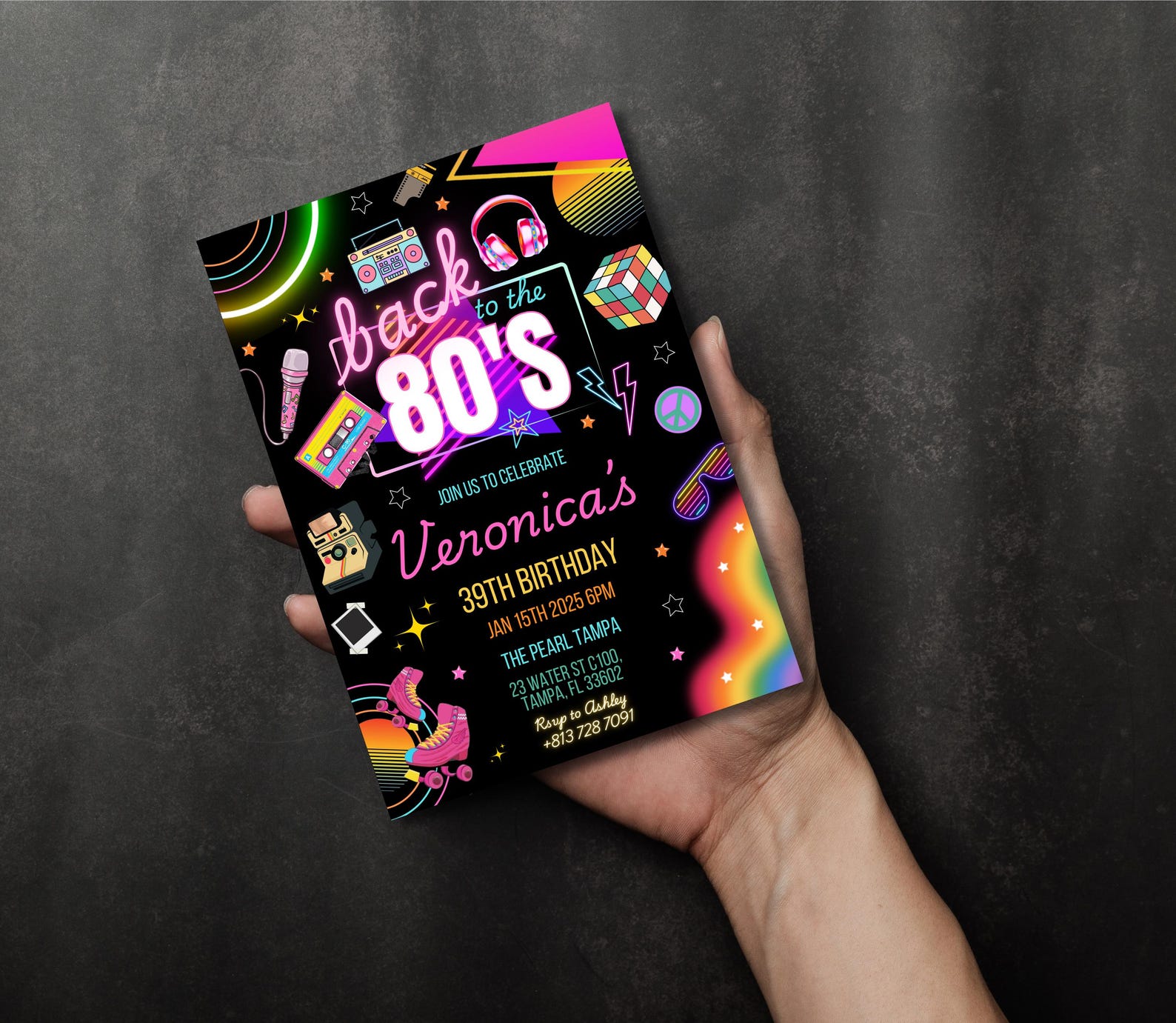 Editable Back to 80s Birthday Invitation, Throwback Party, Glow Neon ...