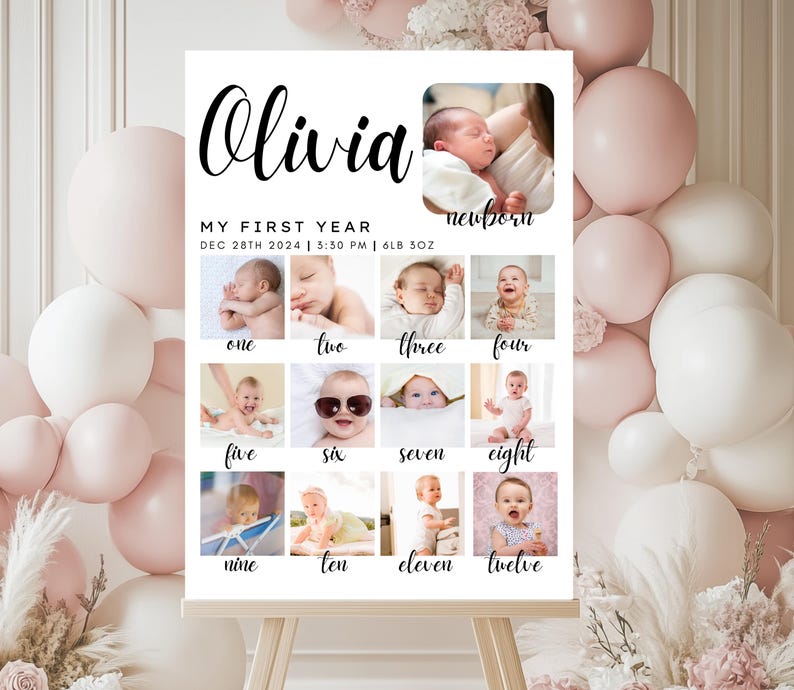 Editable 1st Birthday Milestone Photo Sign, First Year Poster, One Year ...