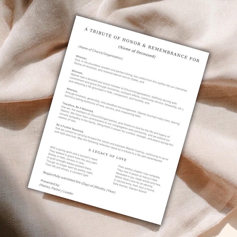 Editable Funeral Resolution Letter, Church Grievance Tribute Honor ...