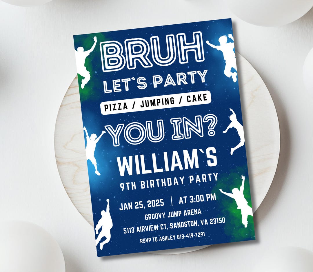 Bruh Jump Birthday Invitation, Neon Trampoline Park Party Invite, Boy ...