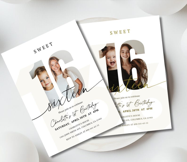 Minimalist Editable 16th Birthday Photo Invitation, Sixteen Invite ...