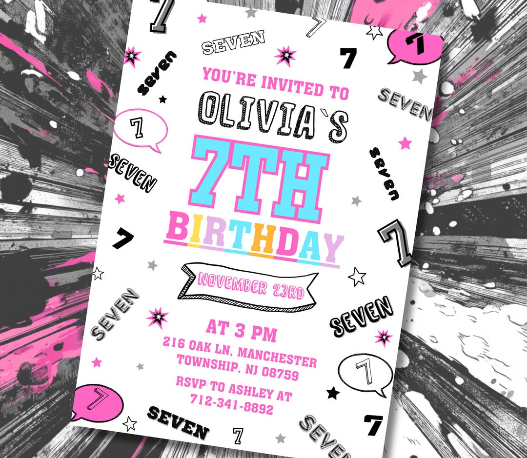 Editable 7th Pink Girl Birthday Invitation, Seven Colorful Numbers ...