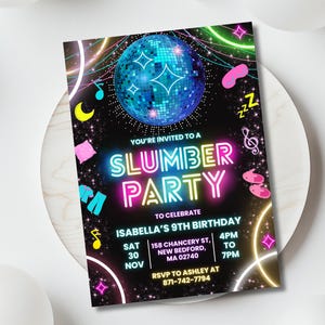 Editable Neon Sleepover Birthday Invitation, Sleepover Pajama Party ...