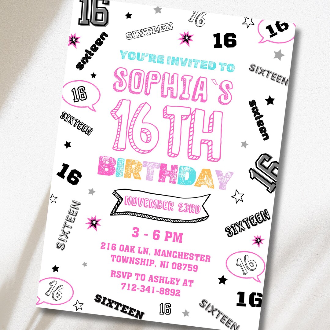 Editable 16th Colorful Girl Birthday Invitation, Sixteen Pink Numbers ...