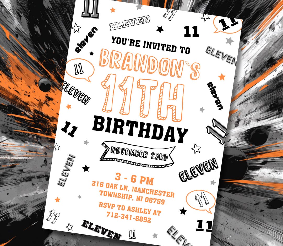 Editable 11th Orange Birthday Invitation, Eleven Colorful Numbers ...