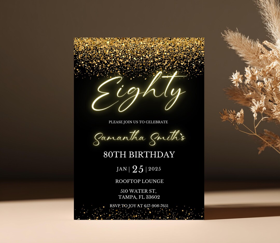 Neon Black Gold Minimalist 80th Birthday Invitation, Eighty Printable ...