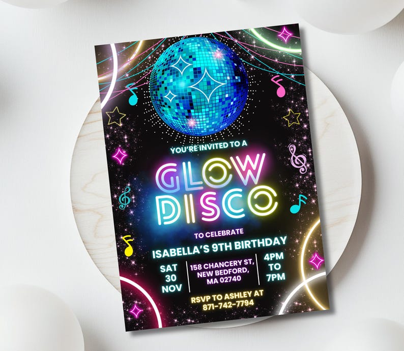 Editable Glow Disco Birthday Invitation, Disco Gender Neutral Invite ...