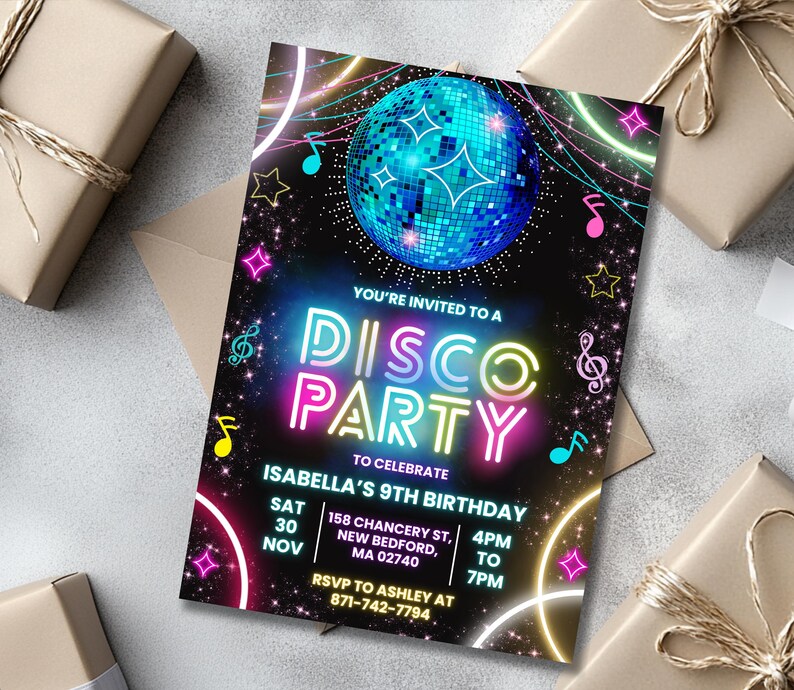 Editable Disco Party Birthday Invitation, Neon Glow, Disco Gender ...