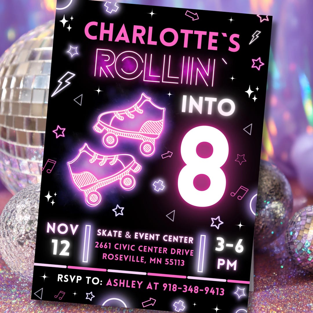 Editable Neon Pink Girl Roller Skating Birthday Invitation, Glow Music ...
