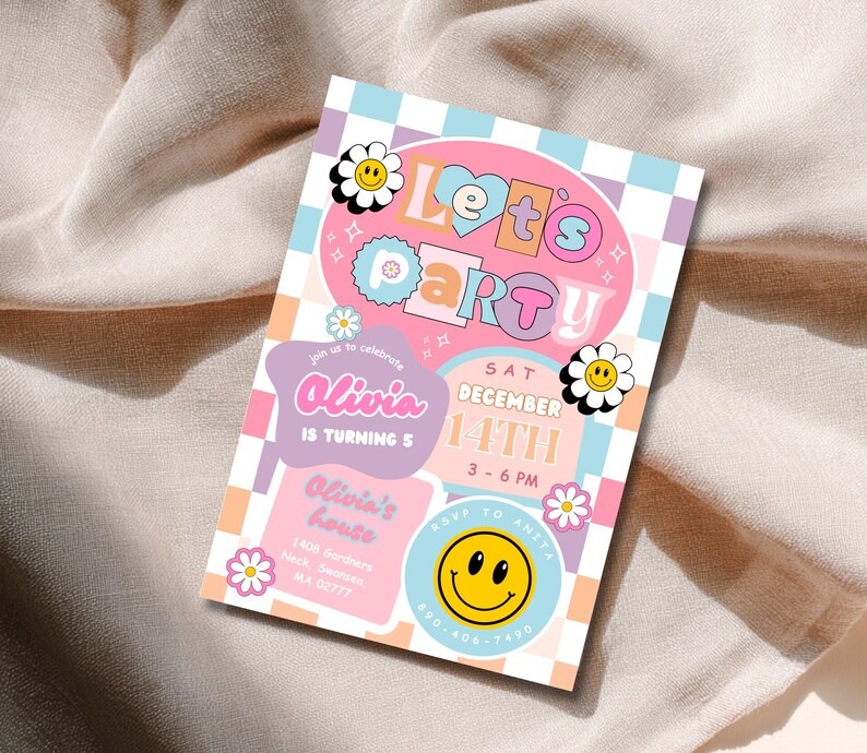 Editable Smiley Face Birthday Invite, Groovy Retro Checkered Emoji ...