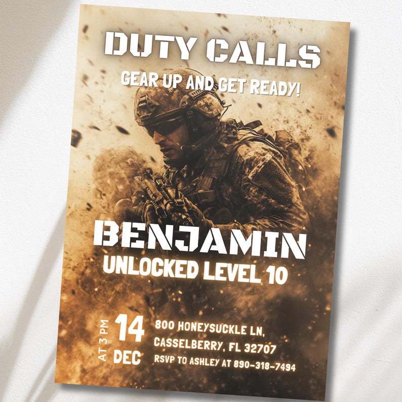 Editable Calling All Soldiers Invitation, War Video Game Airsoft Party ...