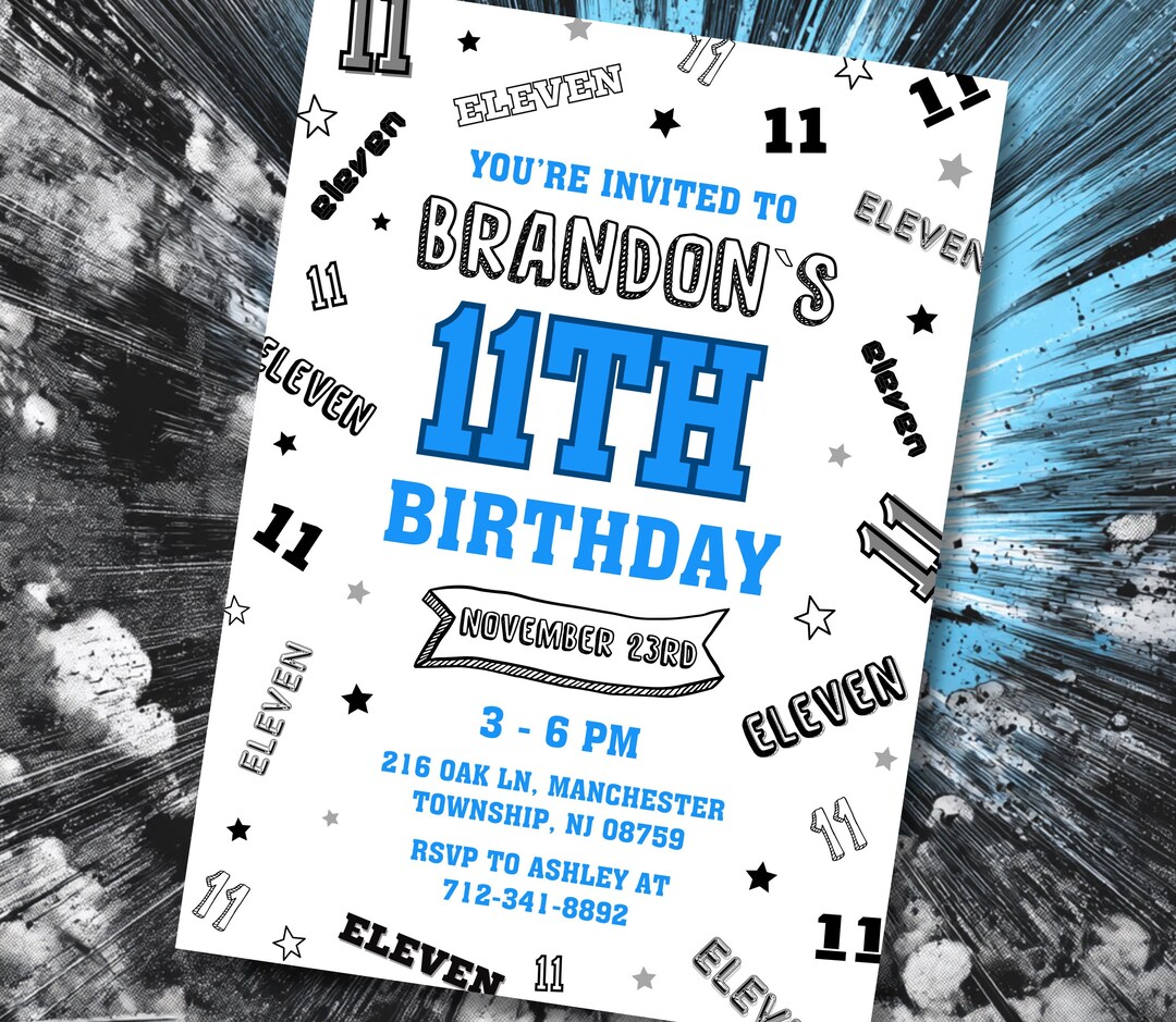 Editable 11th Blue Birthday Invitation, Eleven Colorful Numbers Invite ...