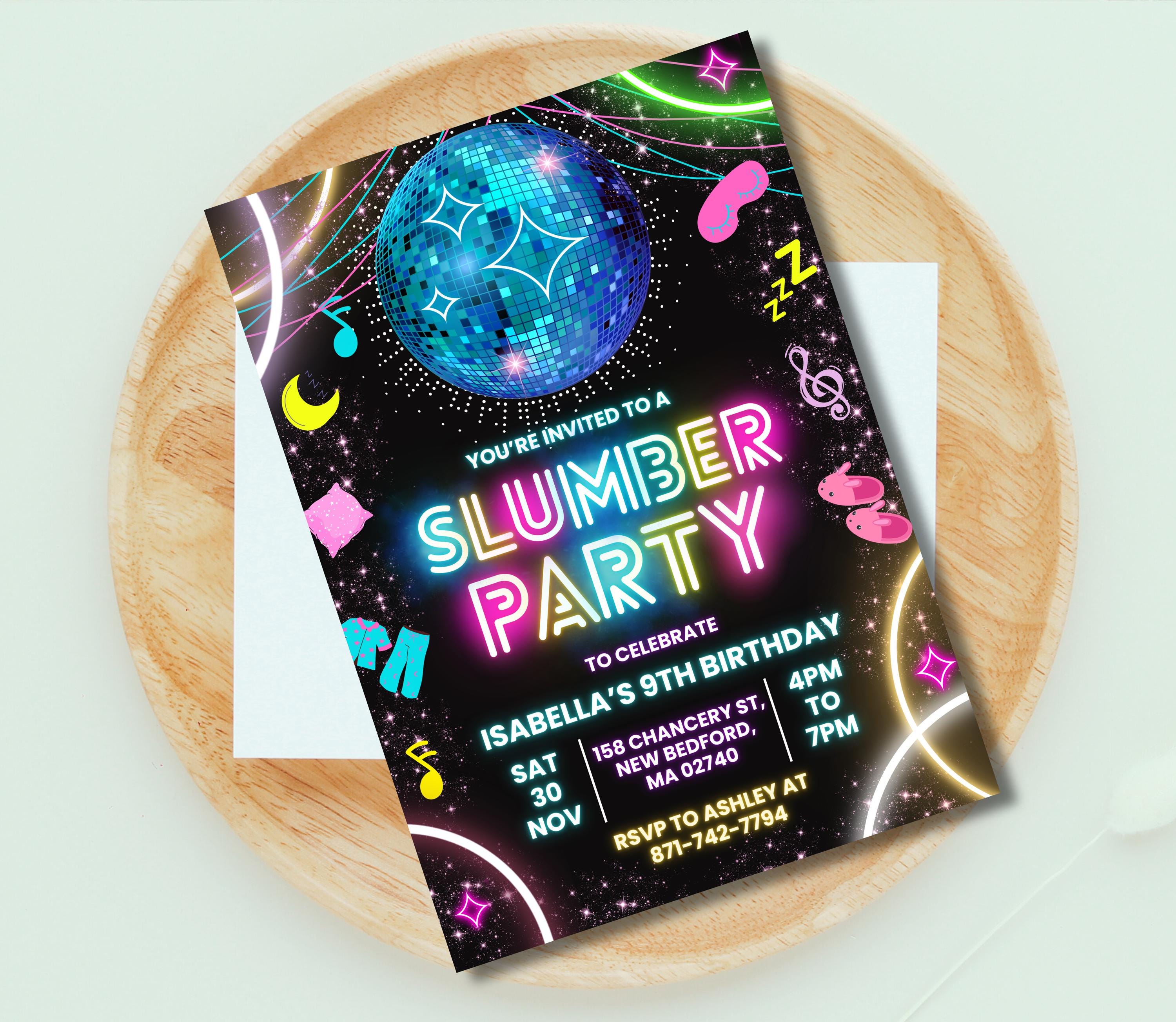 Editable Neon Sleepover Birthday Invitation, Sleepover Pajama Party ...