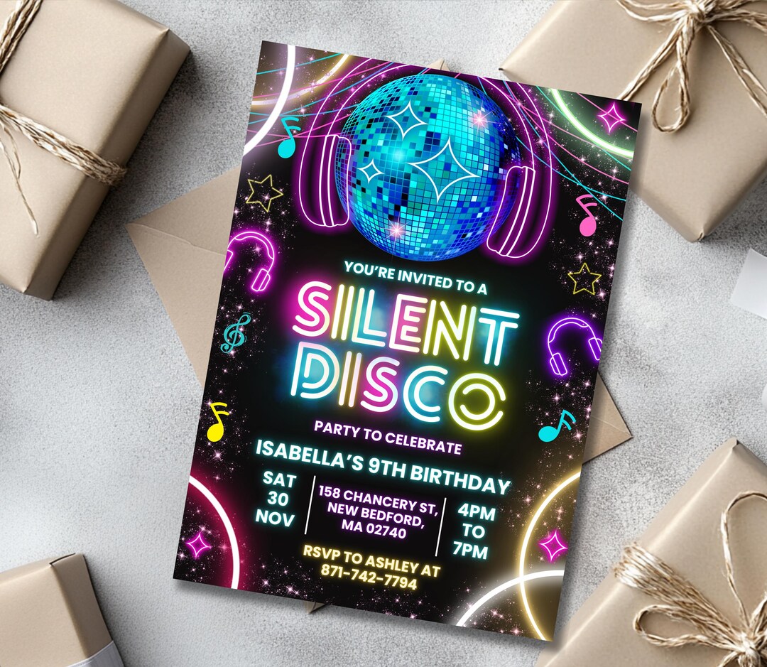 Editable Silent Disco Party Birthday Invitation, Silent Disco Gender ...