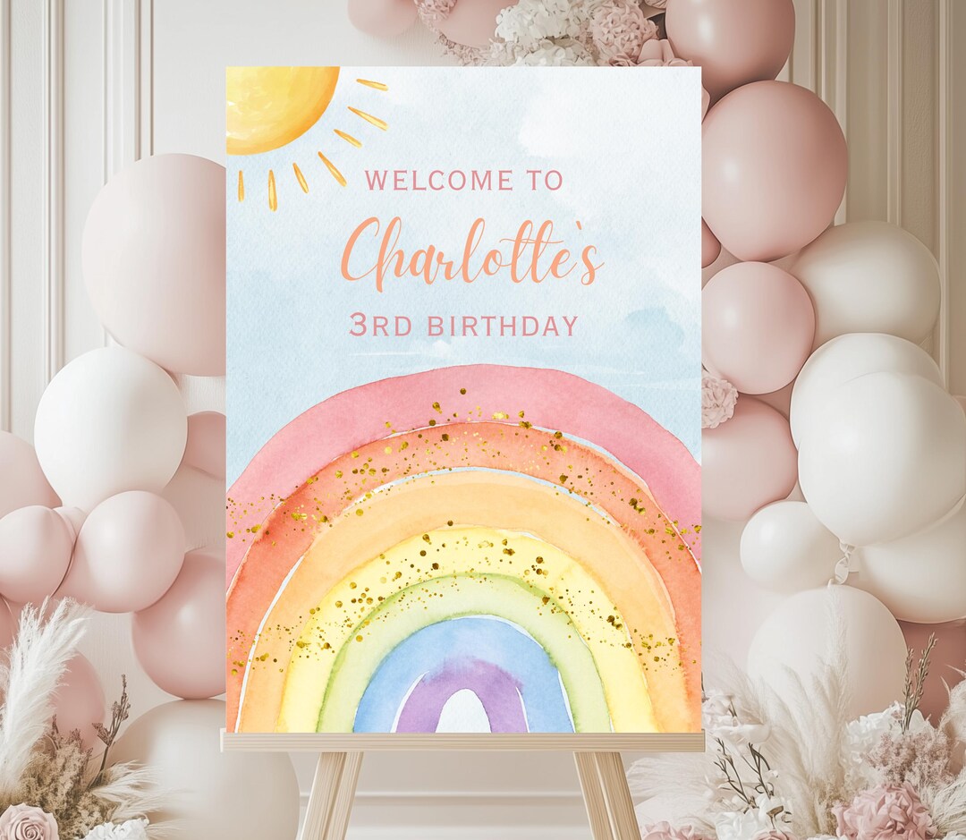 Editable Rainbow Welcome Birthday Sign Poster, Girl Watercolor Pastel ...