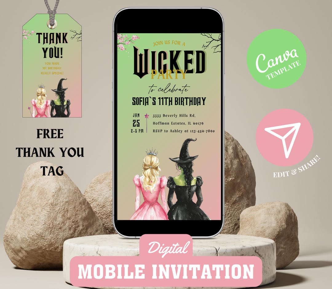Editable Wicked Invitation, Musical Party, Mobile Evite, Wicked Movie ...