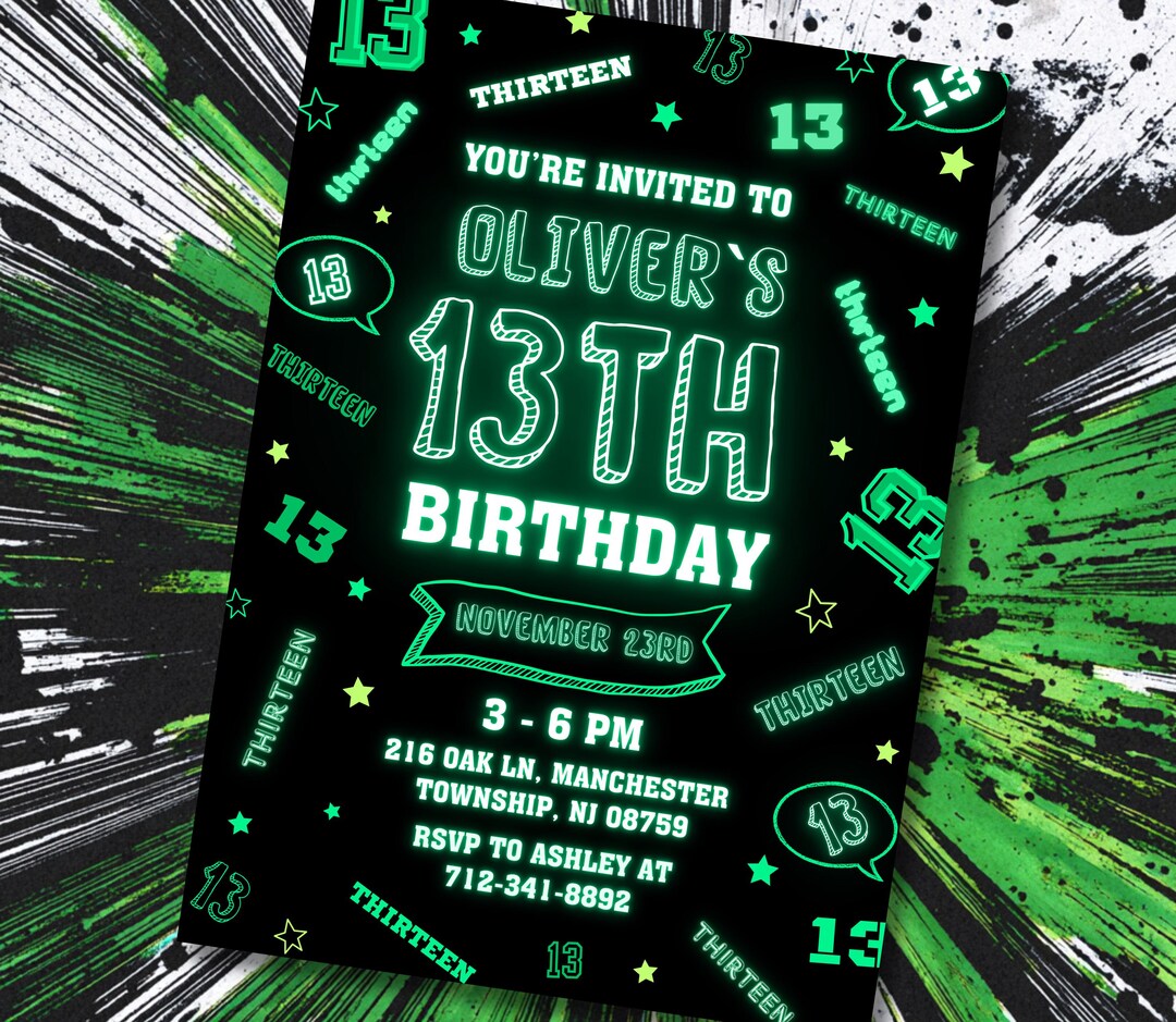Neon Green Editable 13th Birthday Invitation, Ten Numbers Invite ...