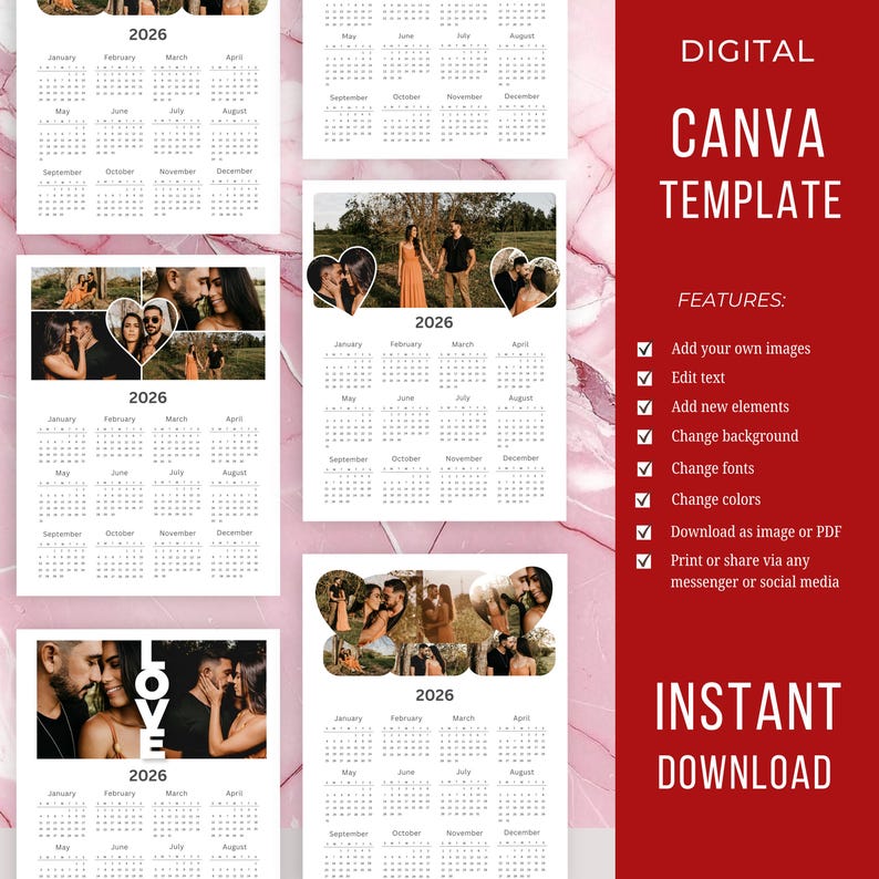 2026 Valentine Photo Calendar Template, DIY Custom Valentines Printable ...