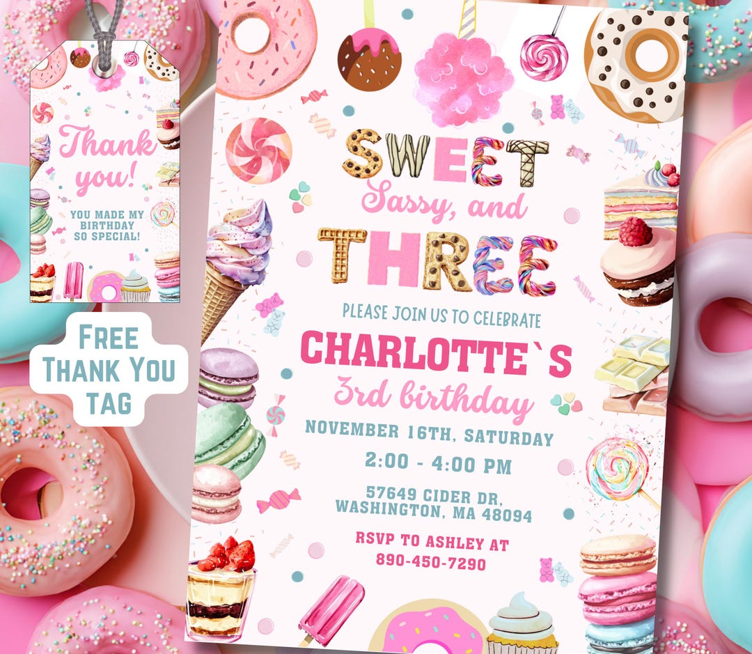 Sweet Sassy Three 3rd Birthday Invitation, Pink Candy Land Invite ...