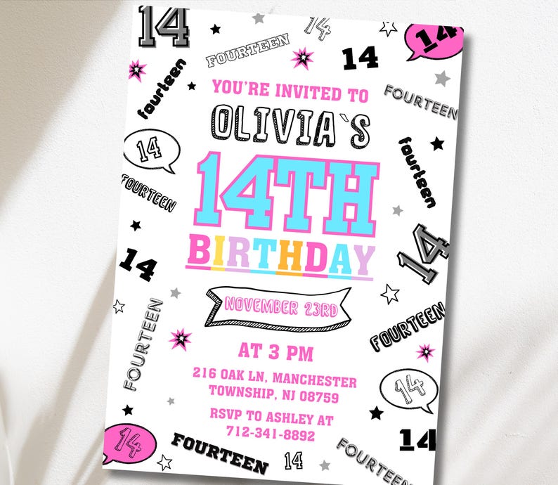 Editable 14th Pink Teen Girl Birthday Invitation, Fourteen Colorful ...
