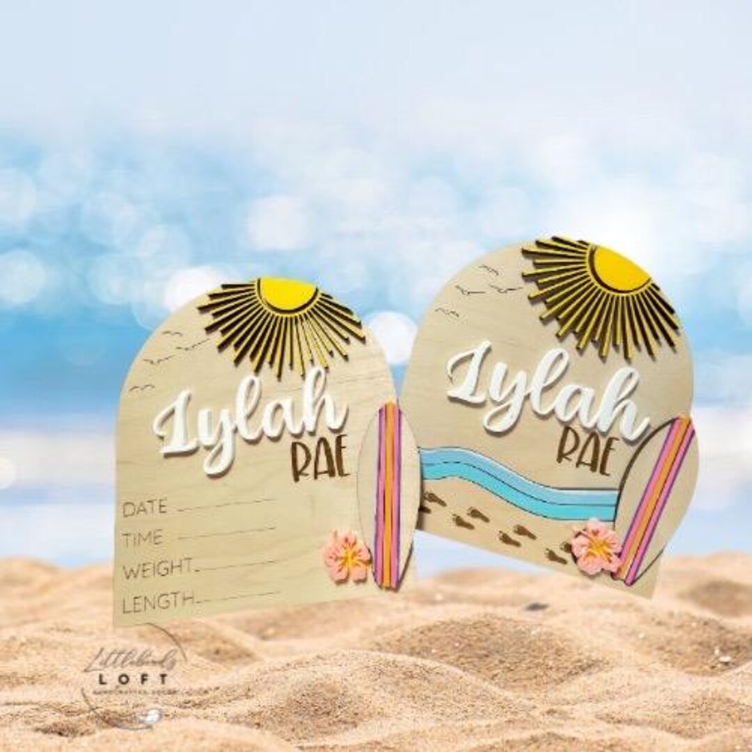 Surfboard Announcement , Beach Theme Name Sign, Beachy Announcement ...