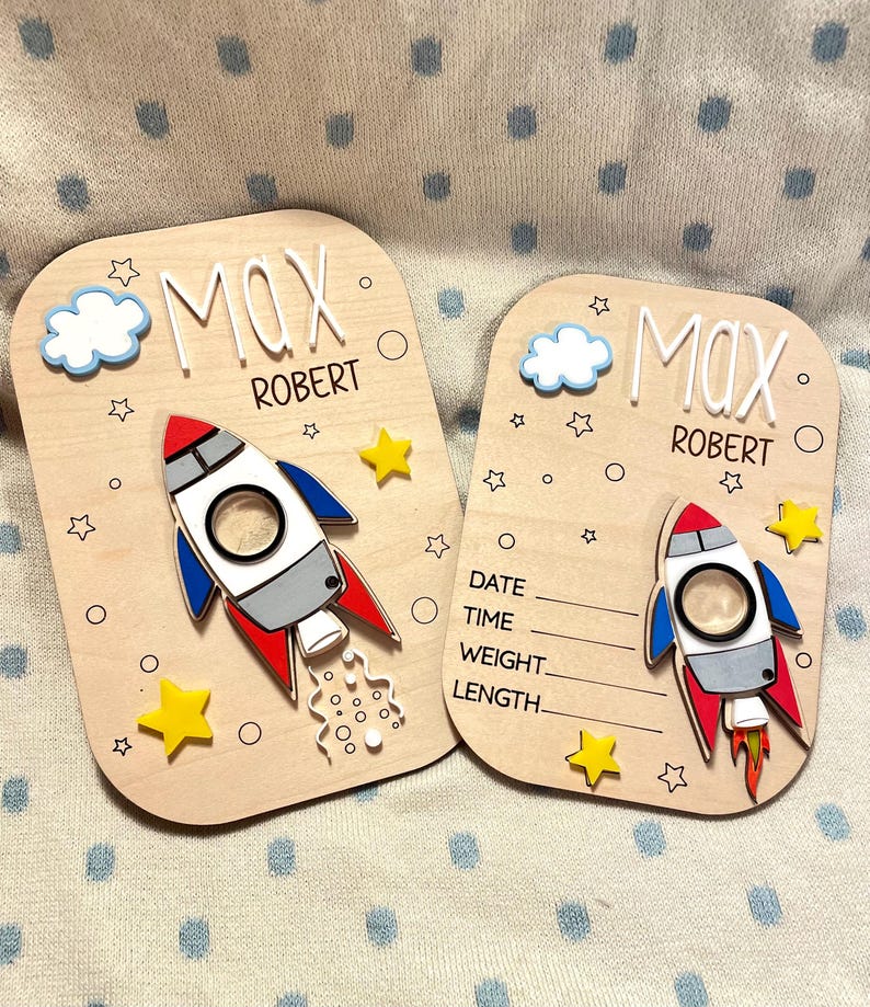 Rocket Nursery Name Sign, Rocket Ship Birth Stats, Rocket Announcement ...
