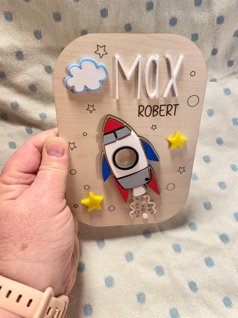 Rocket Nursery Name Sign, Rocket Ship Birth Stats, Rocket Announcement ...